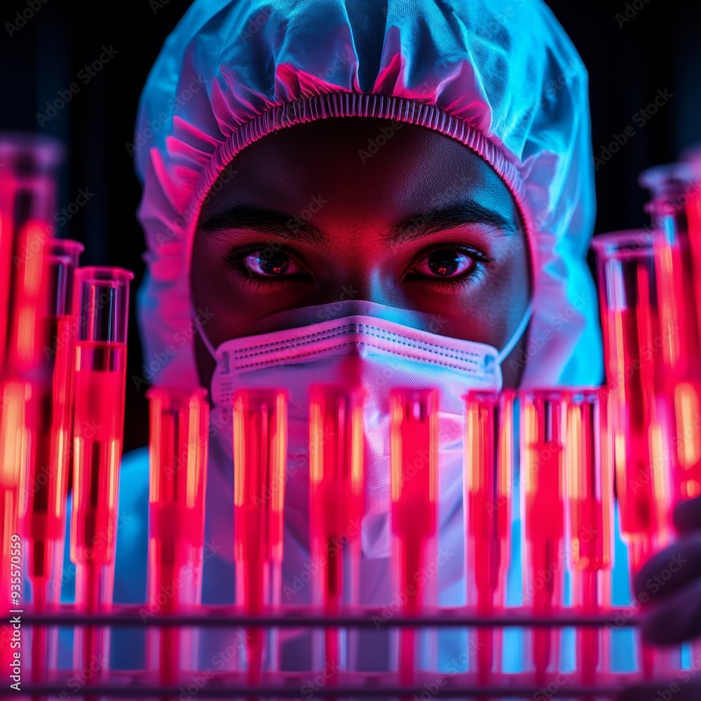 Abstract Scientist with Medical Tubes in Neon-Lit Laboratory: Creative ...
