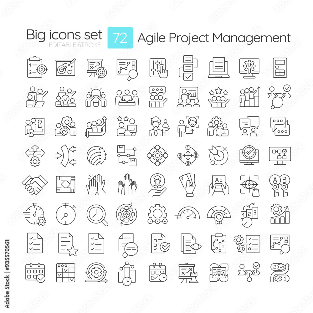 Agile project management linear icons set. User feedback, roadmap ...