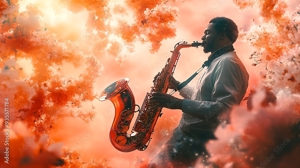 Artistic man playing giant saxophone over abstract floral background ...