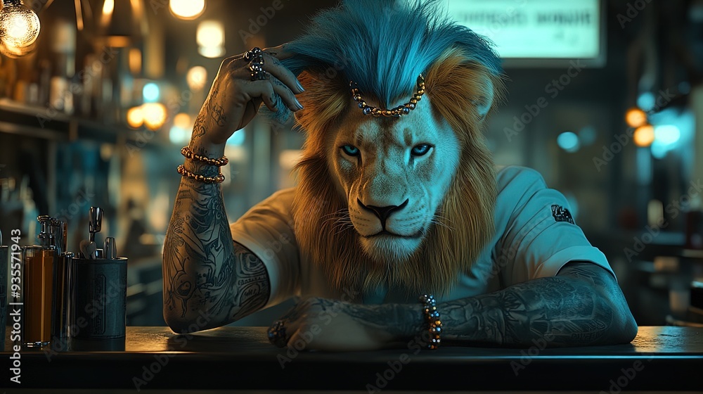 Stylish Lion with Blue and Gold Mohawk Groomed by Tattooed Barber in ...