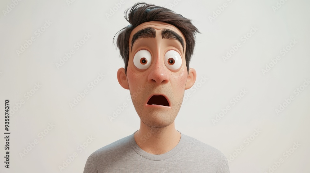 3D character close up portrait of a shocked white man in a light gray t ...