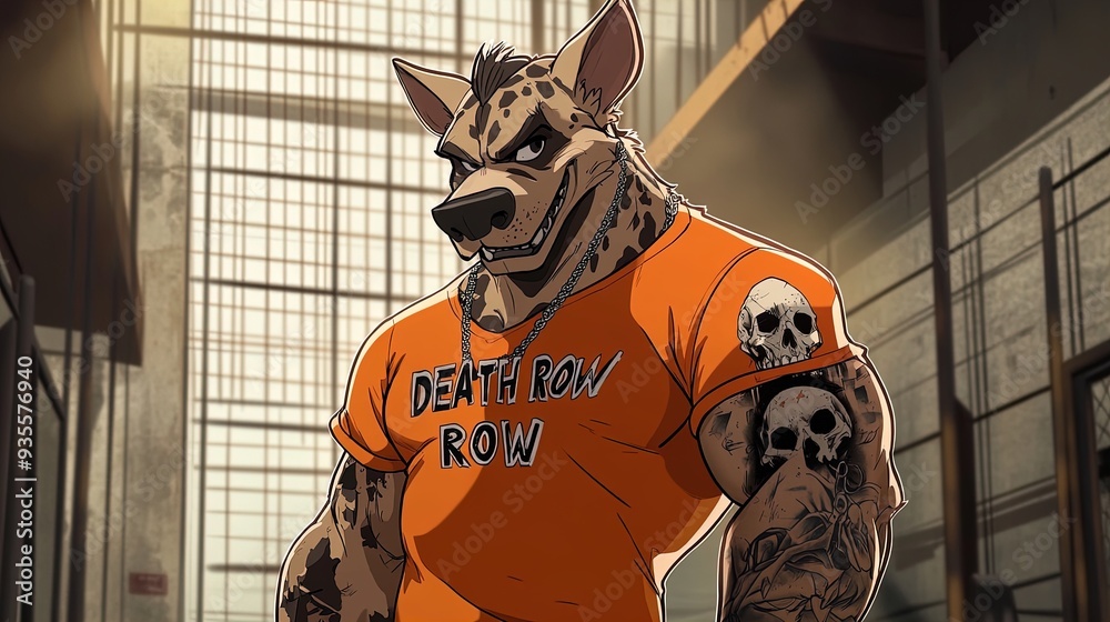 Muscular Hyena Cartoon Character in Prison Uniform: Bold Tattoos and ...