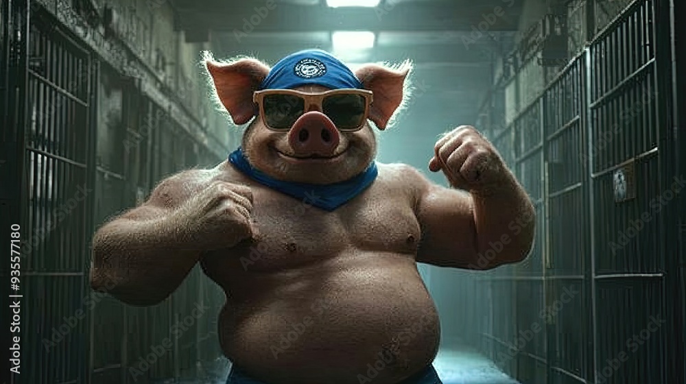 Muscular Cartoon Pig Flexing Biceps in Prison Corridor: A Unique Sports ...