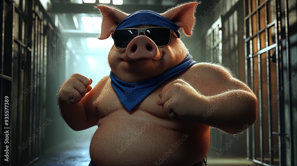 Muscular Cartoon Pig Flexing Biceps in Prison Corridor: A Unique Sports ...