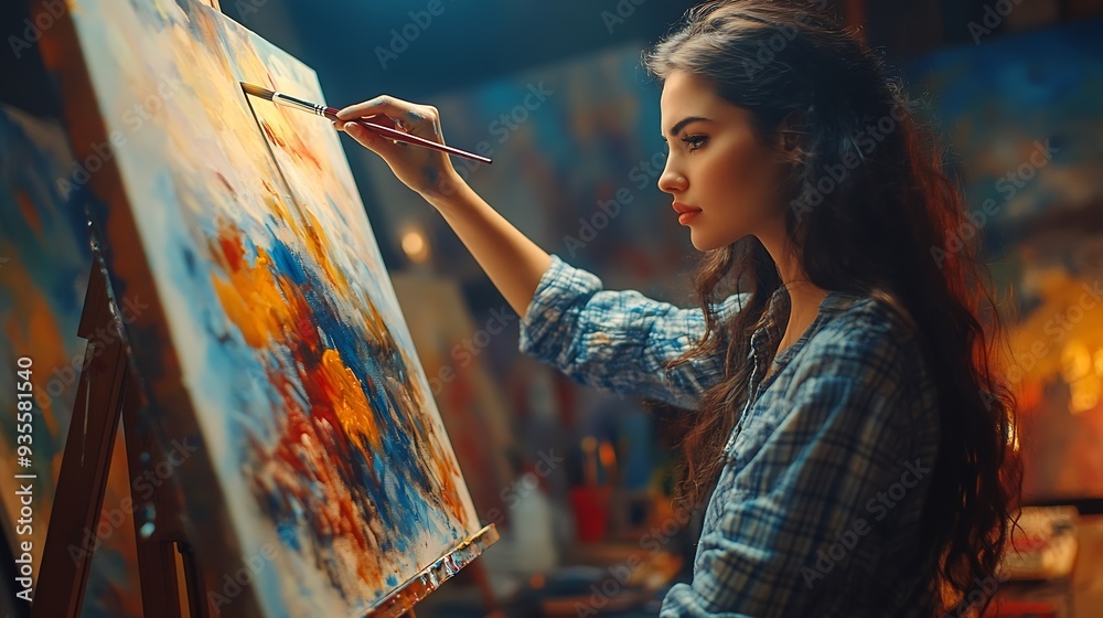 Talented Female Artist Energetically Draws with Paint Brush She Creates ...