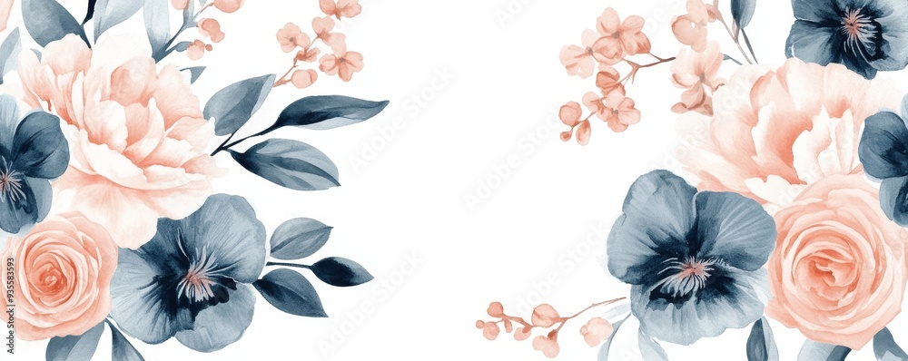 Watercolor Floral Border with Peach and Blue Flowers, Watercolor ...