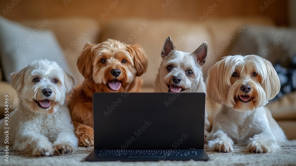Back view of dog talking to dog friends in video conference Group of ...