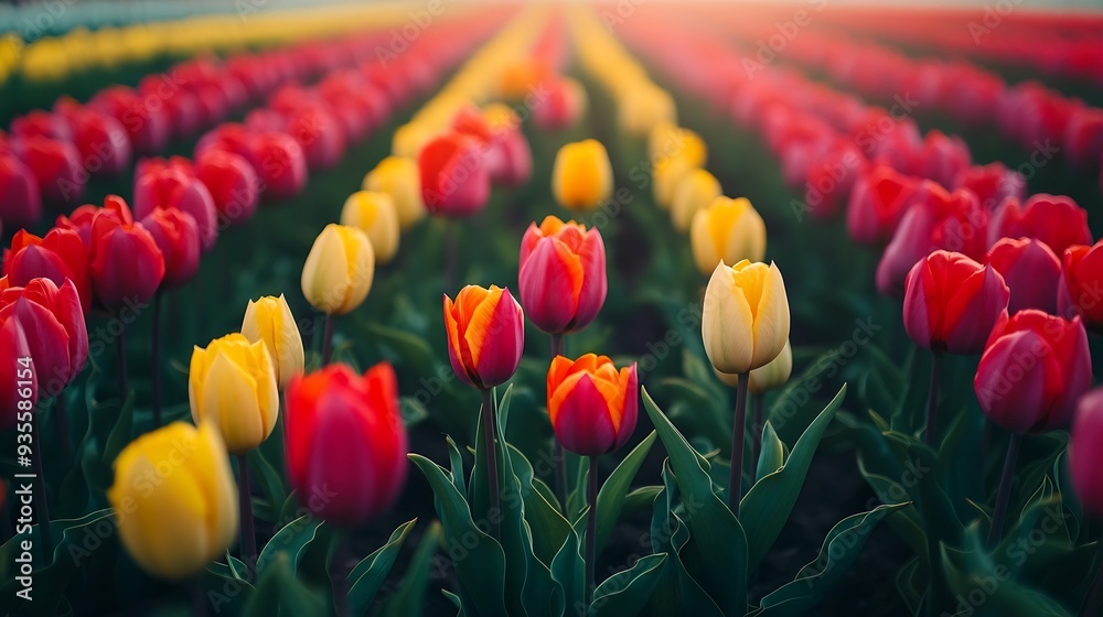 Drone photo of a beautiful flower landscape with tulips in the Dutch ...