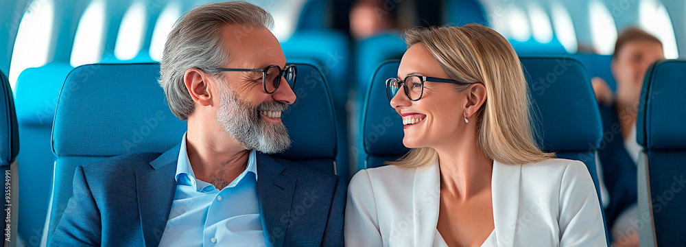 Smiling mature business couple enjoying in-flight conversation in ...