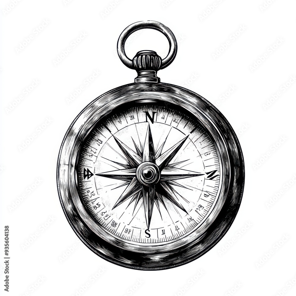 Black and white Vintage engraved art of a detailed compass, isolated on ...
