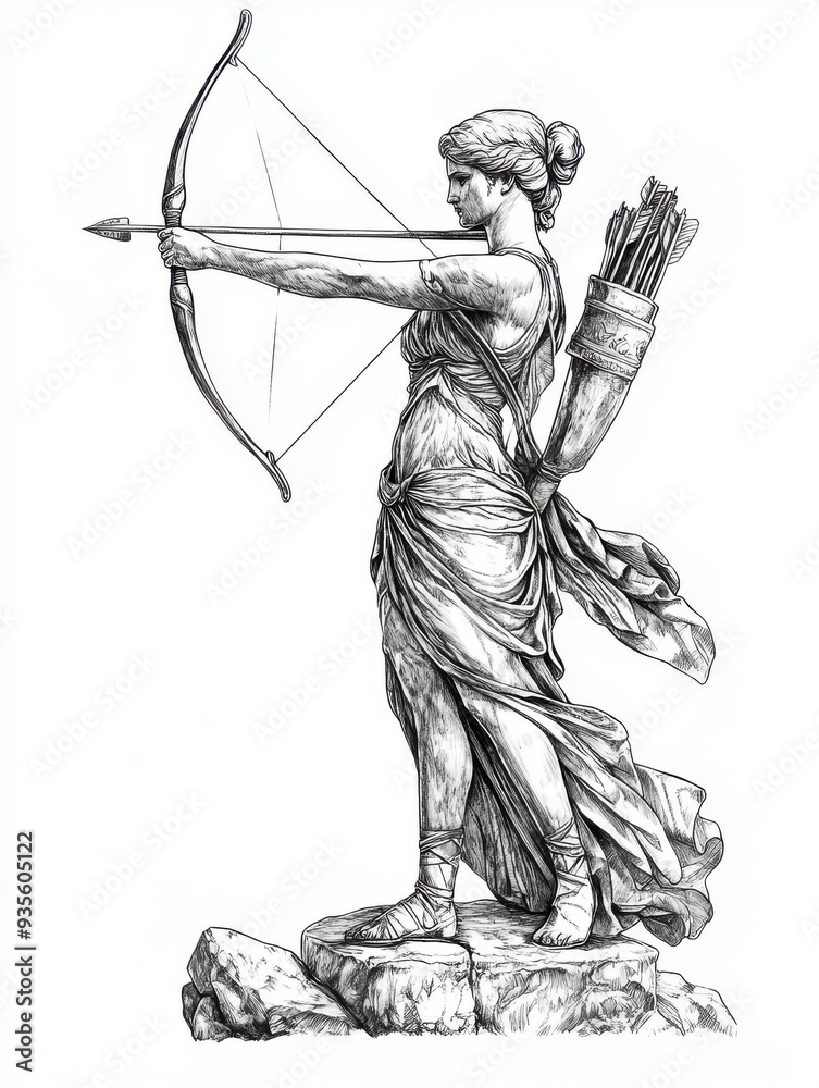 Black and white Vintage engraved art of a detailed statue of Artemis ...