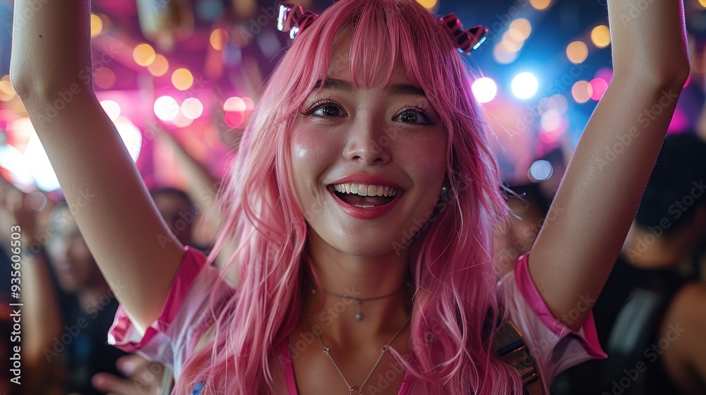 Japanese model in a pink wig and cheerful school uniform, partying at a ...