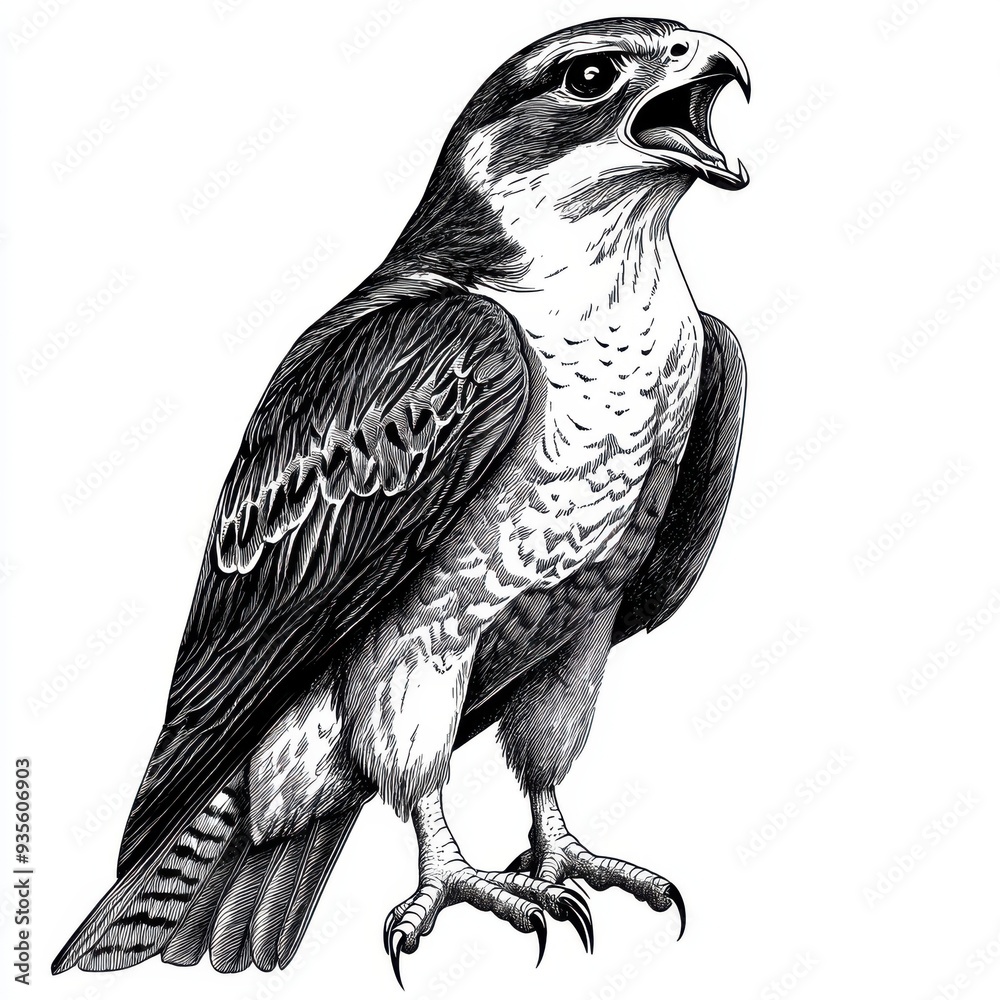 Black and white Vintage engraved art of a falcon screeching, isolated ...