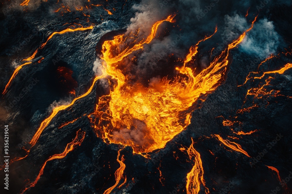 An erupting volcano releases hot molten lava and gases, creating a ...