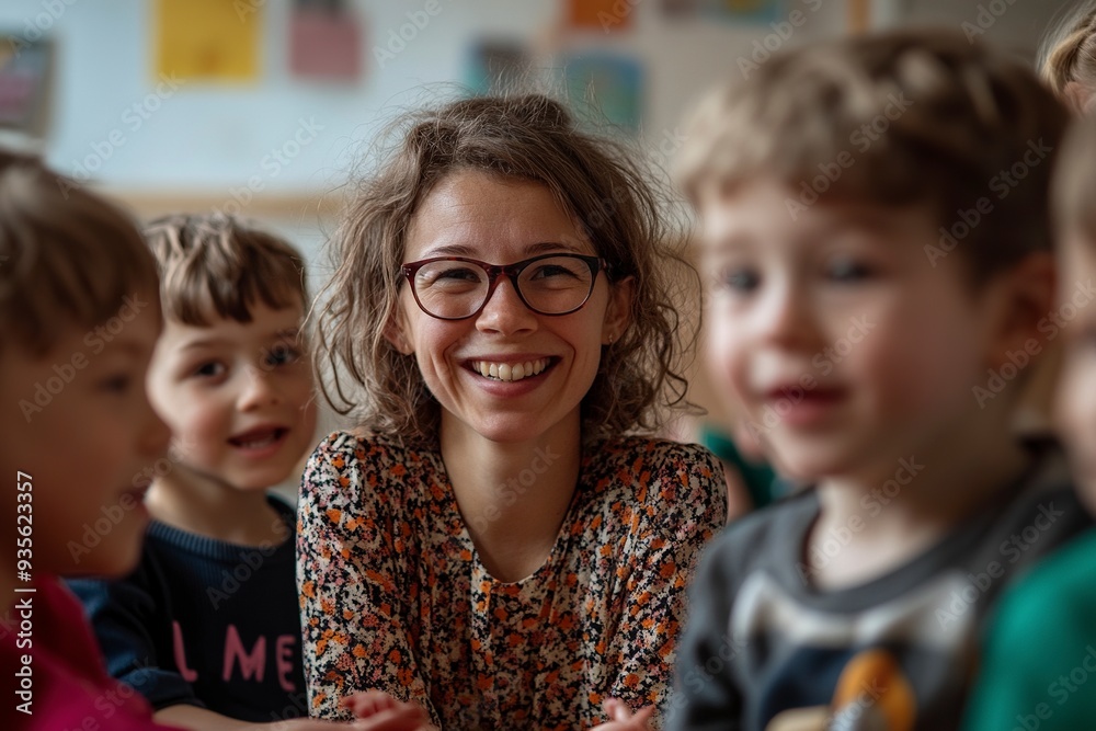 Happy kids and teacher at school. Woman and children are talking in the ...