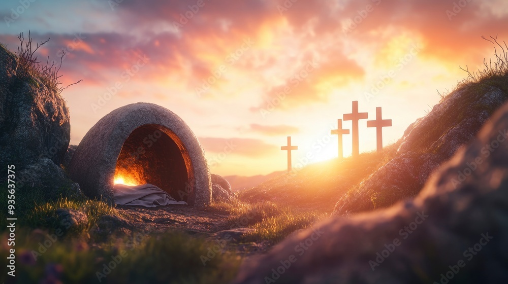 Light Shining From Empty Tomb With Folded Cloth At Sunrise With Three ...