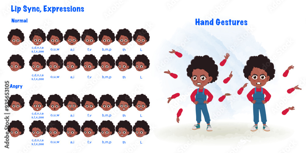 A curly hair angry girl cartoon character creation set with lip sync ...