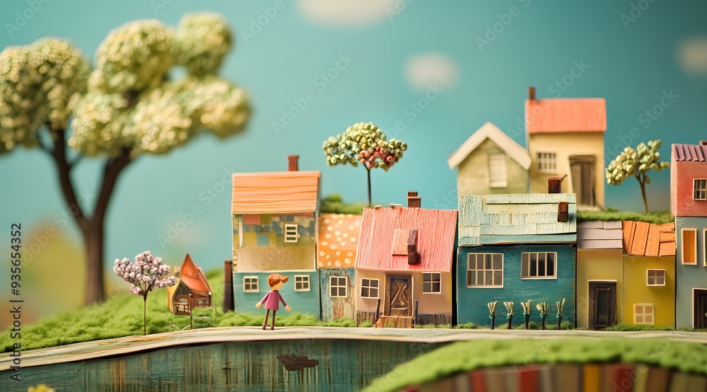 Miniature Paper Model Village with a Person Standing on the Edge of a ...