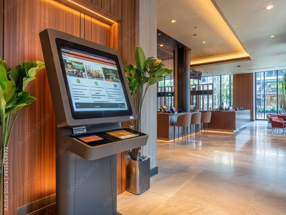 Efficient hotel self service kiosk with clear instructions displayed on ...