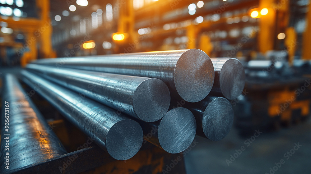 round metallic bars, highlighting their texture and shine, used in ...