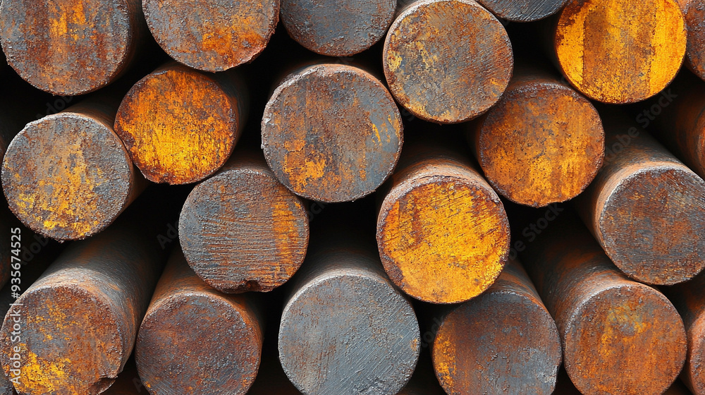 round metallic bars, highlighting their texture and shine, used in ...