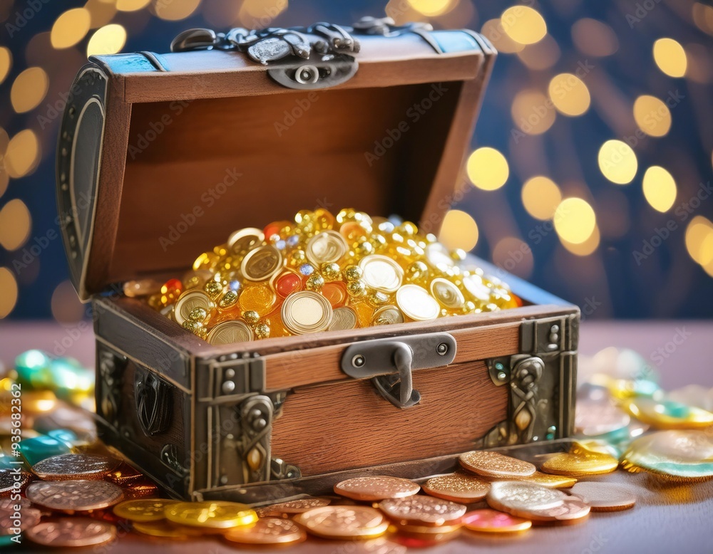 Treasure and hidden wealth, featuring a treasure chest filled with gold ...