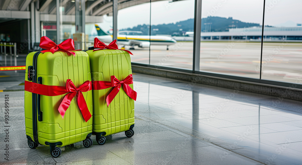 lime green luggage with red ribbons holiday travel airport departure ...