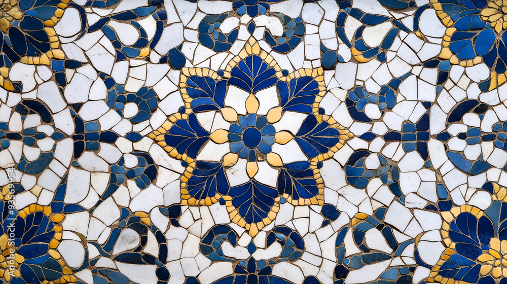 Complex mosaic design in blue and gold on white, featuring an Arabic ...