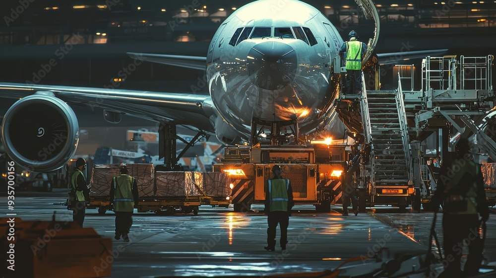 Loading cargo at an airport during nighttime, with workers in ...