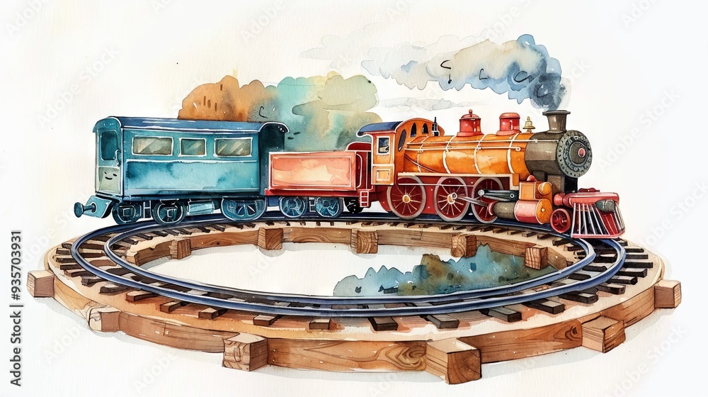 Vintage watercolor illustration of a miniature round railway with a ...