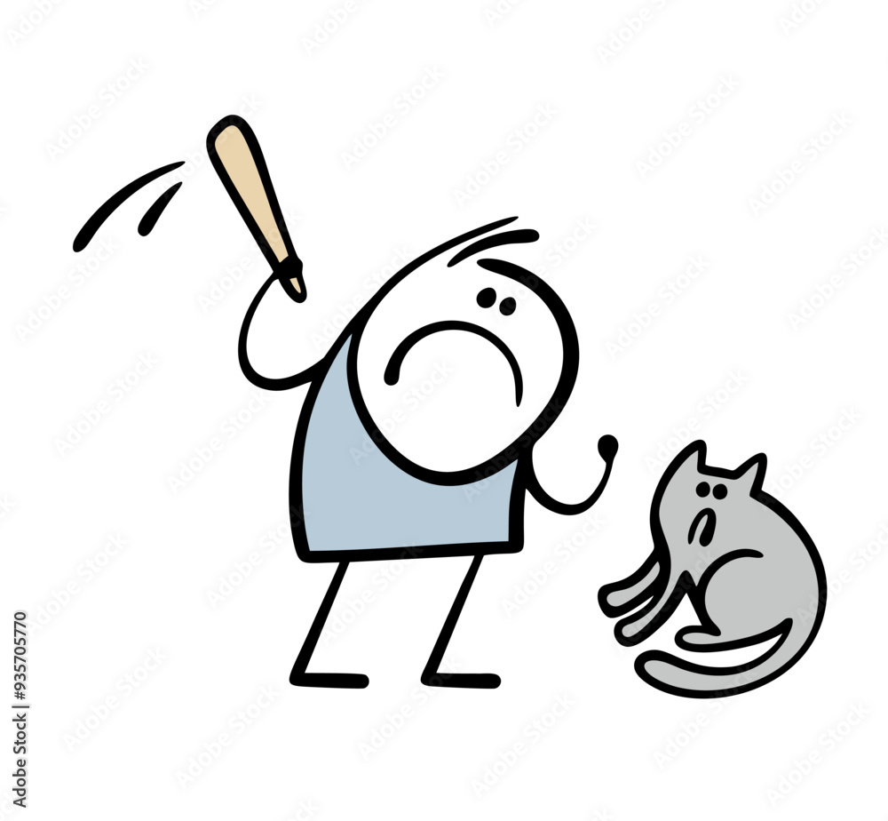 Cartoon cruel stickman swung a baseball bat at a kitten. Vector ...