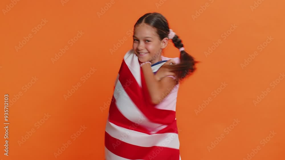 Young preteen child girl kid waving and wrapping American USA flag ...