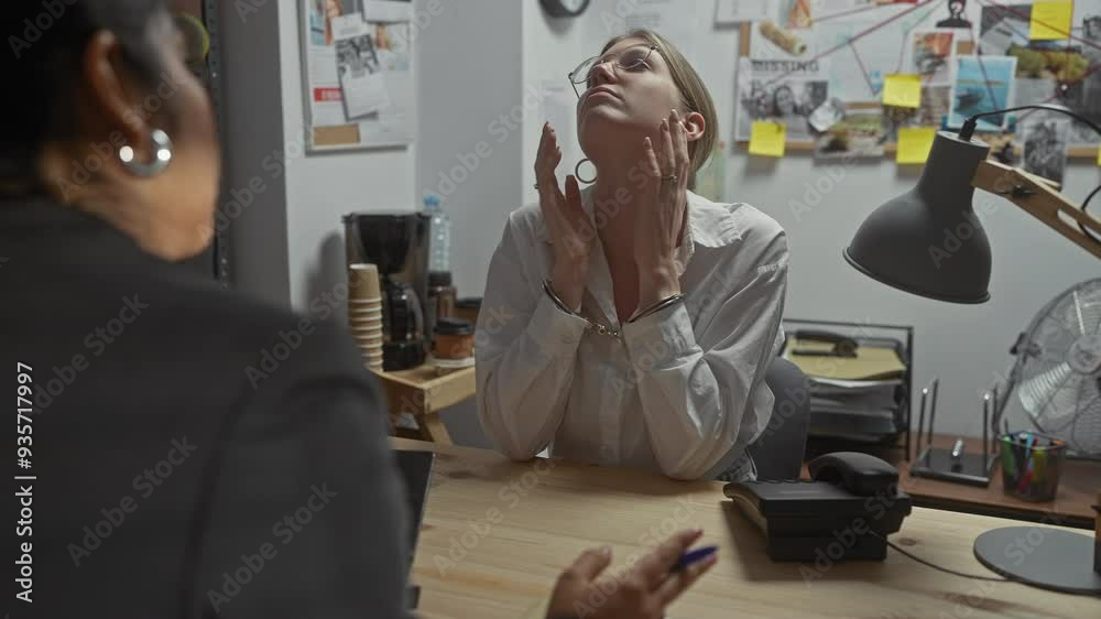 Two women engage in a serious conversation within a cluttered ...