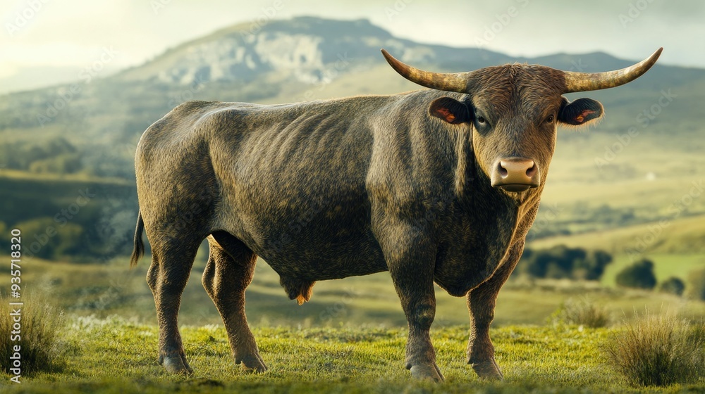 Sturdy bull standing in a green pasture, with detailed horns and ...
