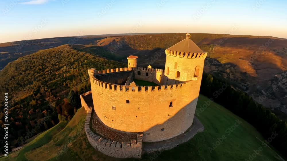 Camera flies around a medieval castle during sunset, casting warm light ...