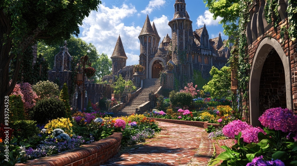 Whimsical medieval castle with a charming fairy tale garden, vibrant ...