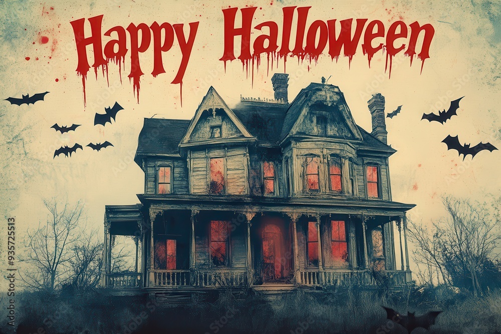 Haunted House Collage: Images of a spooky, dilapidated house with bats ...