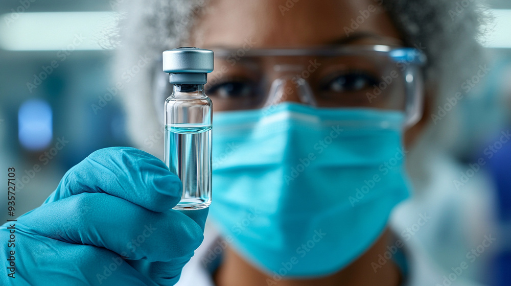 hand holding a vaccine vial filled with clear fluid, symbolizing ...