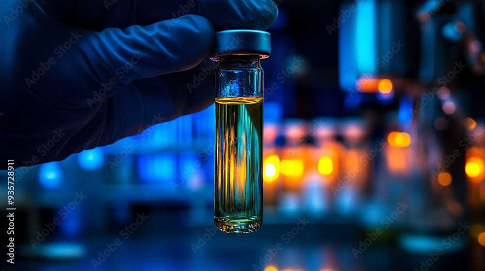hand holding a vaccine vial filled with clear fluid, symbolizing ...