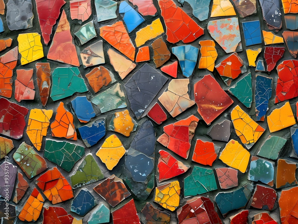 Colorful mosaic tile artwork featuring various shapes and textures in a ...