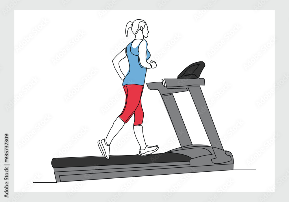 Continuous single line sketch drawing of healthy woman run on treadmill ...