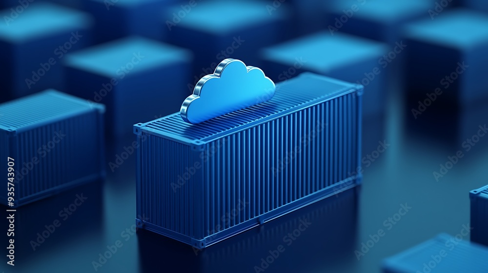 3D illustration of a cloud atop a shipping container among rows of ...