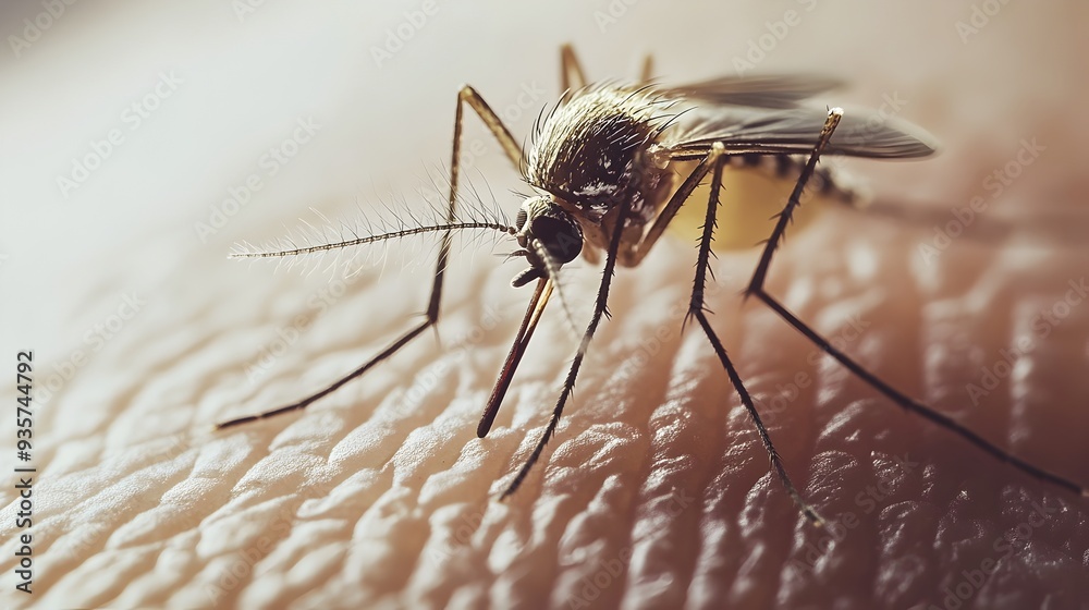 Detailed close up view of a mosquito resting on human skin revealing ...
