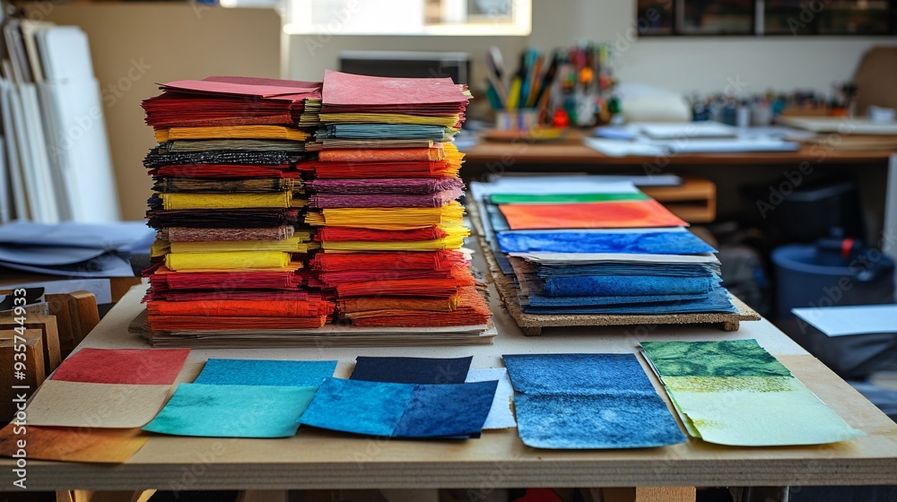 A layered paper illustration of a fashion design board with swatches ...