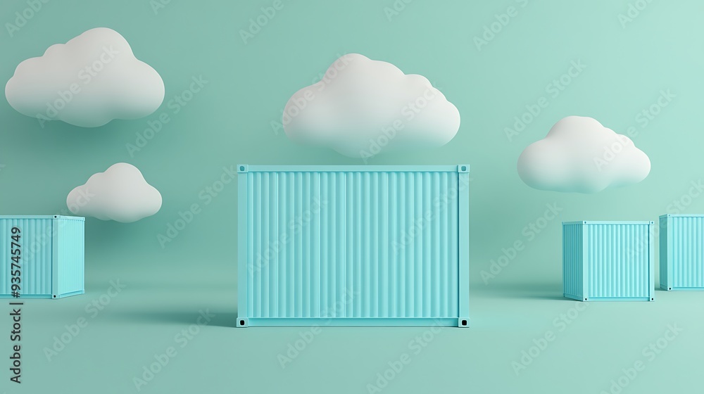 3D illustration of blue shipping containers and fluffy clouds on a ...