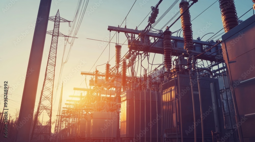 Electric power substation with transformers and high-voltage equipment ...
