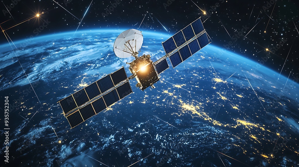 Signal transmission via telecommunication satellites, showcasing global ...