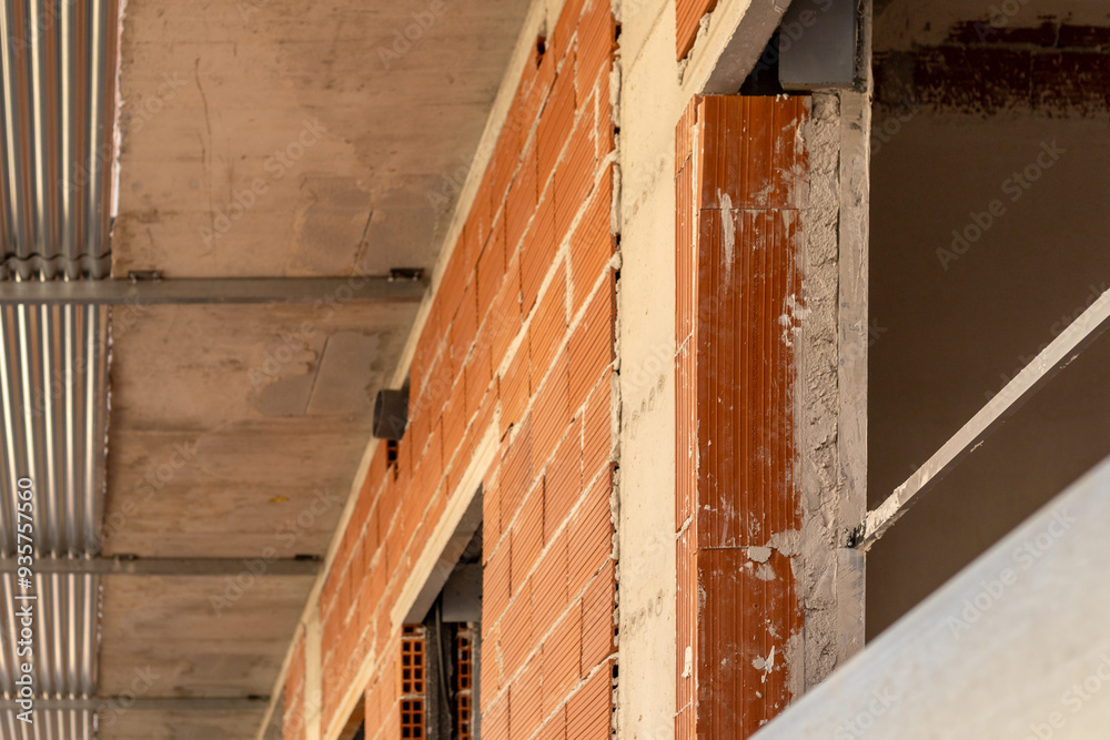 Angled view inside a construction site showing exposed brickwork ...