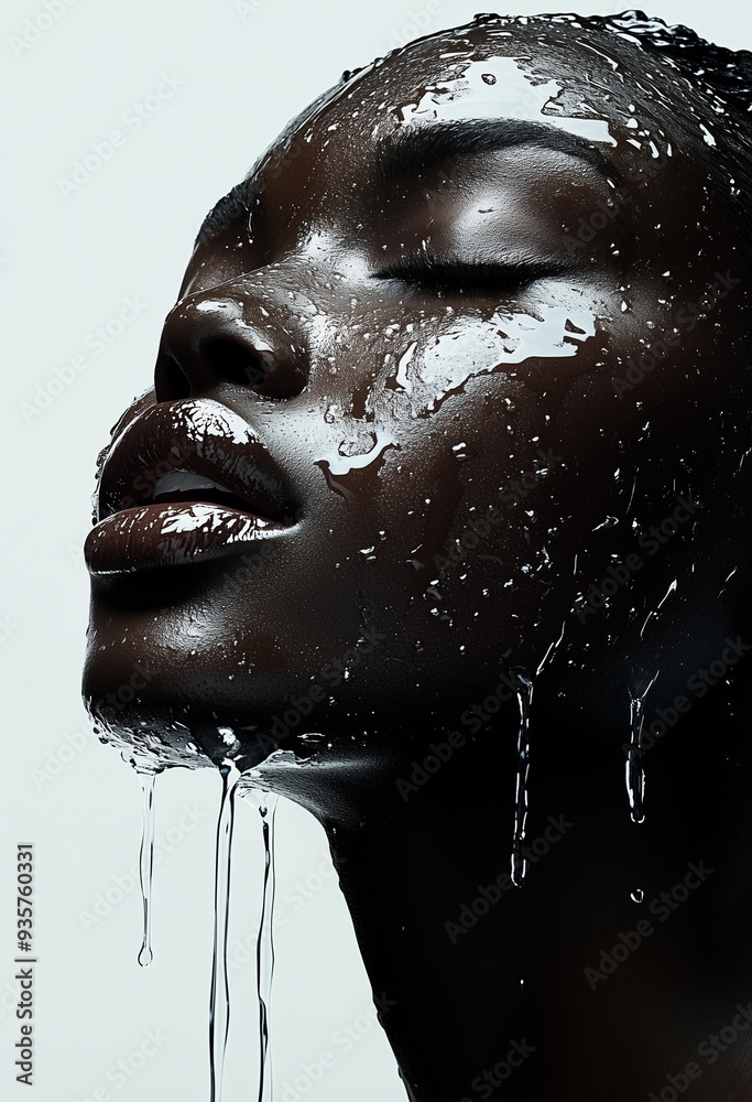 A Black woman with beautiful skin, her face is dripping in water and ...