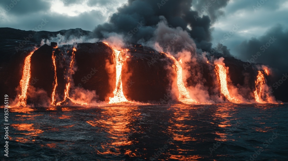 Multiple streams of lava fall into the ocean, creating dramatic steam ...